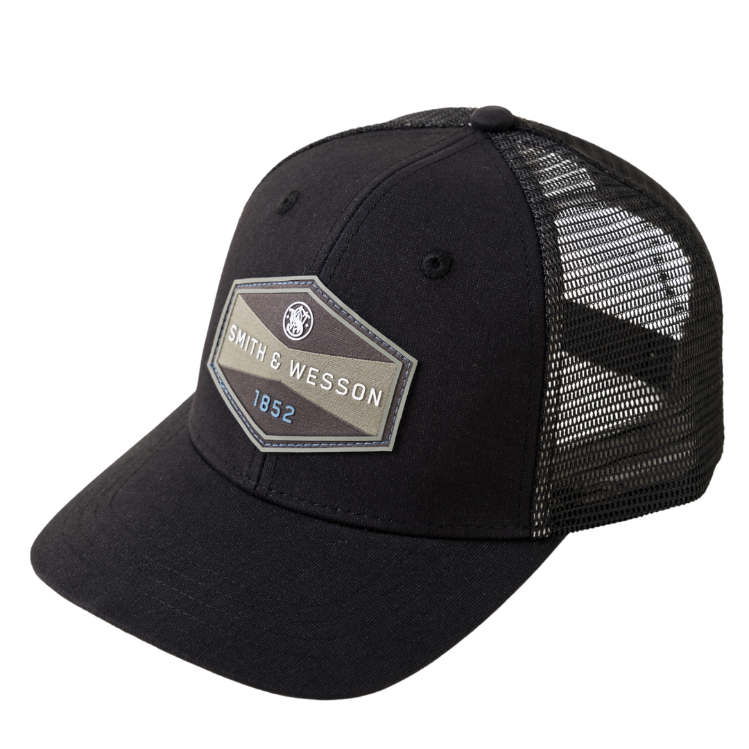 Smith & Wesson® Two-Tone Hexagon Patch Trucker Cap in Heather Black Li